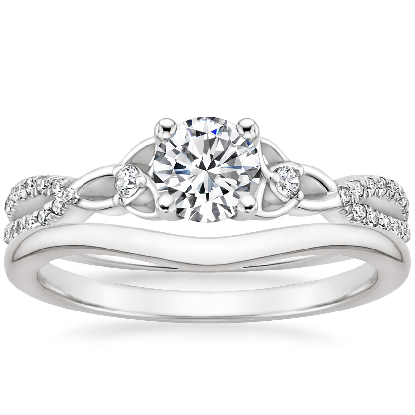 18K White Gold Luxe Entwined Celtic Love Knot Diamond Ring with Petite Curved Wedding Ring