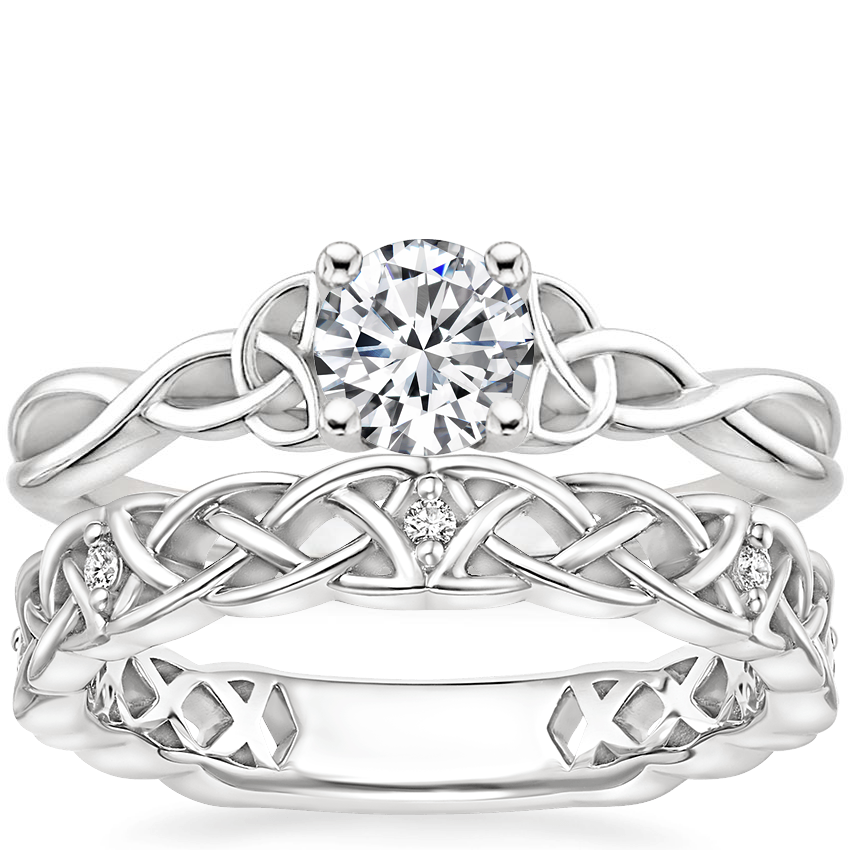 18K White Gold Entwined Celtic Love Knot Ring with Celtic Knot Diamond Ring