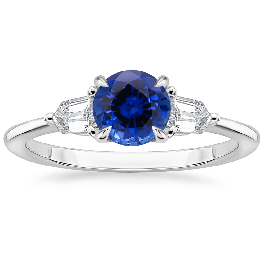 Sapphire Bullet Shape Three Stone Diamond Ring in 18K White Gold