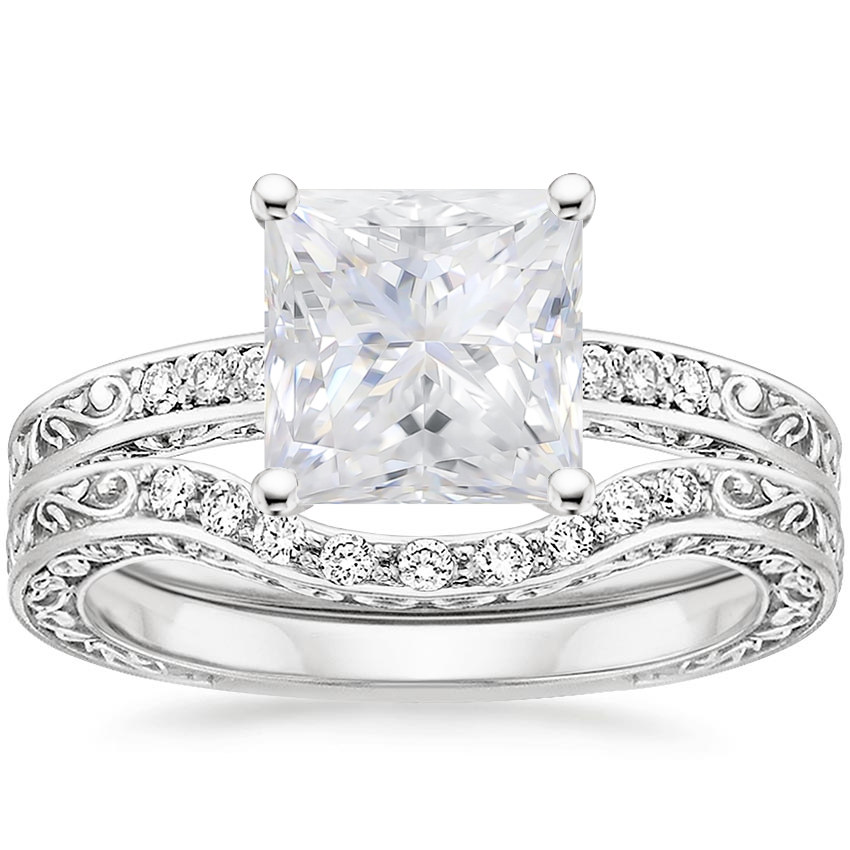 Moissanite Delicate Antique Scroll Contoured Diamond Bridal Set in 18K ...
