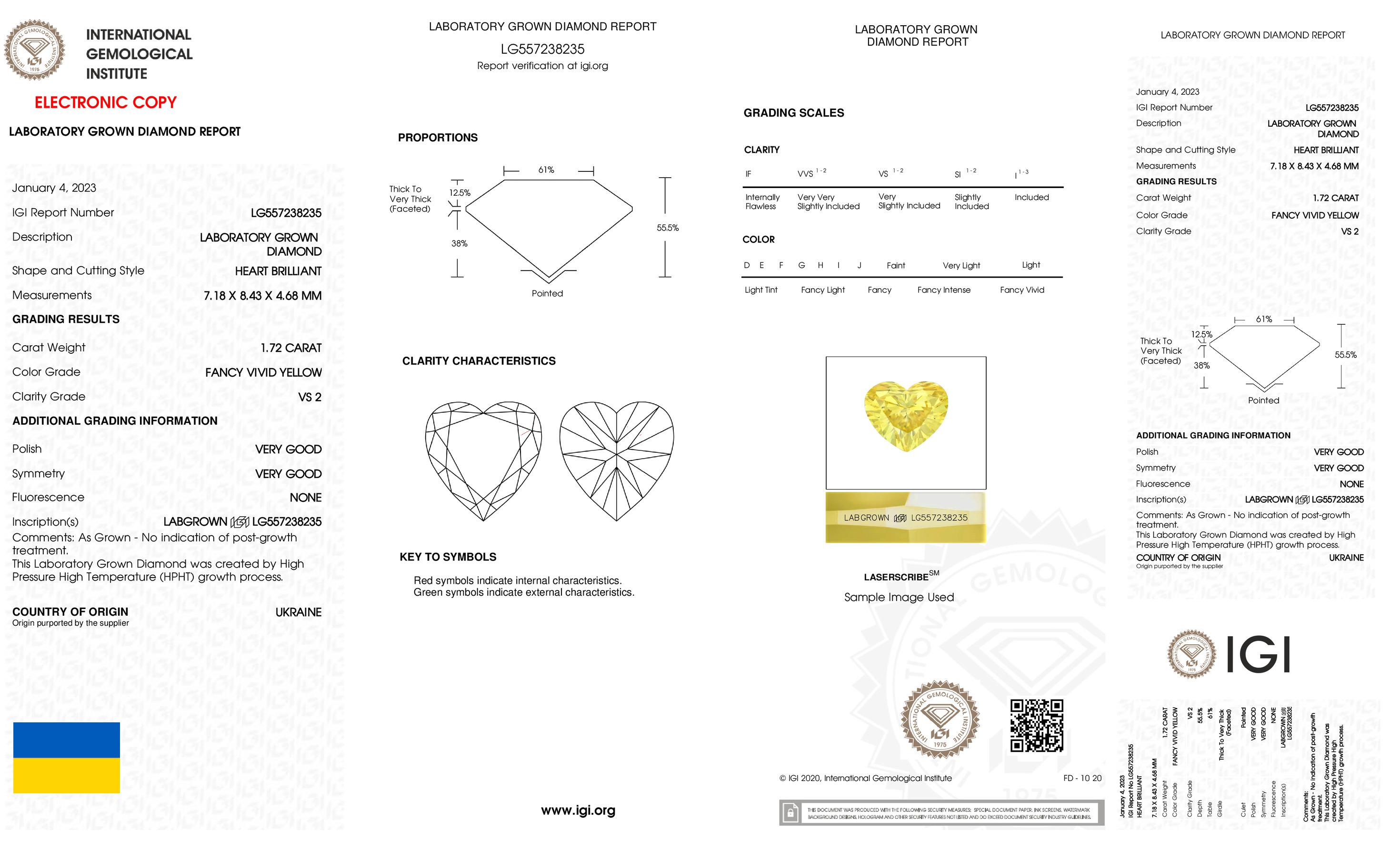1.72 Ct. Fancy Vivid Yellow Heart Lab Created Diamond | 6675222Y