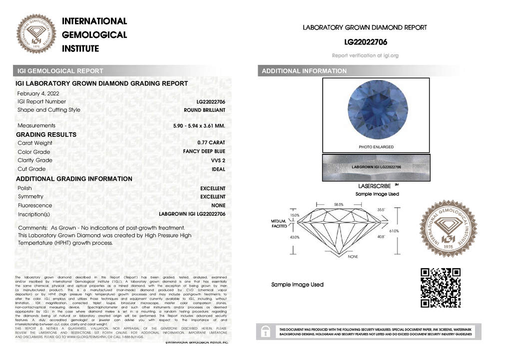 0.77 Ct. Fancy Deep Blue Round Lab Created Diamond | 5947569B
