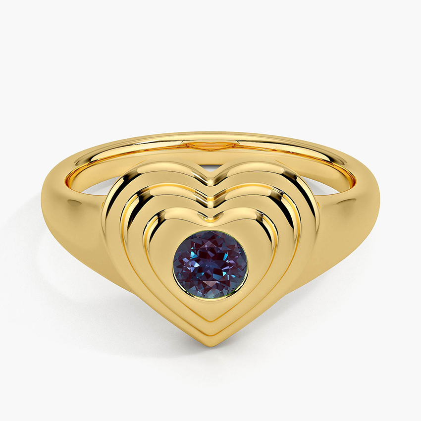 Lab Alexandrite Heart Signet Ring in 14K Yellow Gold
