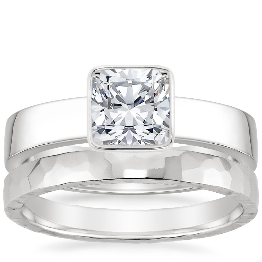 18K White Gold Vesper Ring with 2.5mm Hammered Quattro Wedding Ring | Brilliant Earth