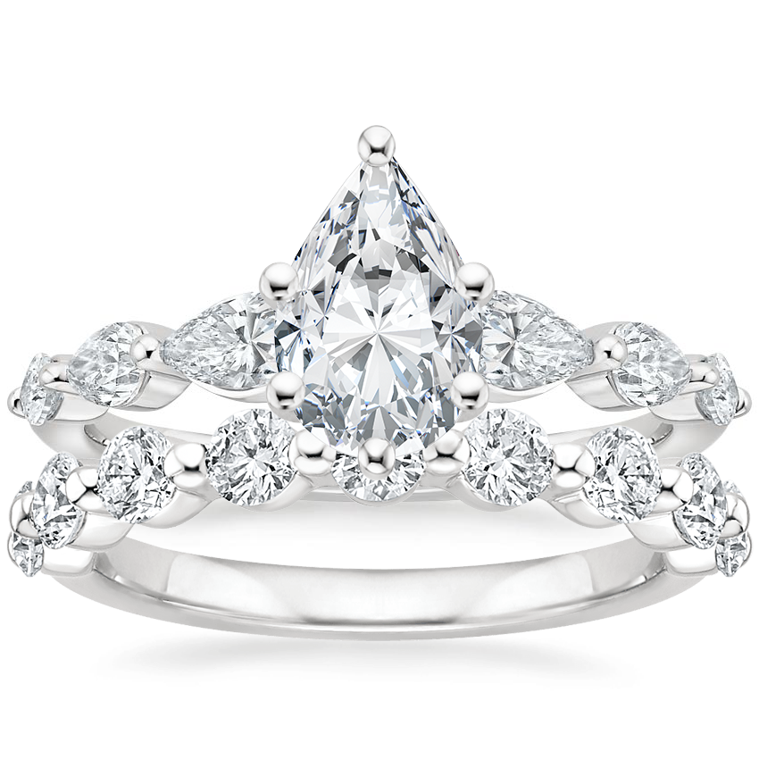 18K White Gold Seine Graduated Pear Diamond Ring with Monaco Diamond ...