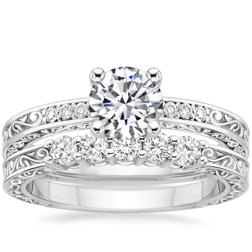 18K White Gold Delicate Antique Scroll Diamond Ring with Delicate ...