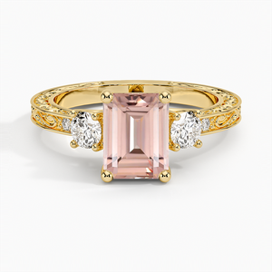 Lab Grown Sapphire Antique Scroll Engraved Three Stone Lab Diamond Ring ...